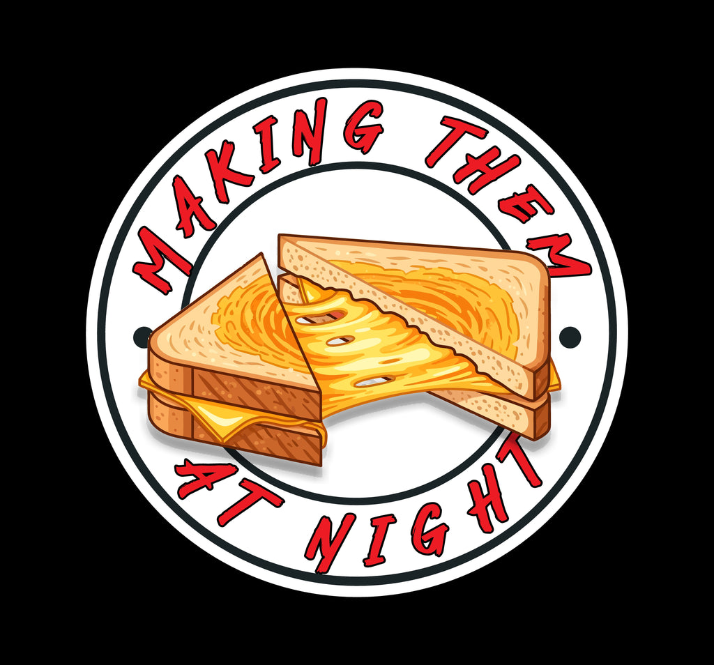Grilled Cheese Delight, Making them at night (two decals 2.5") Sticker ...